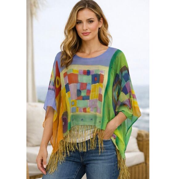 No brand | Tops | Sheer Colorful Boho Poncho Top Fringe Hem Festival ...